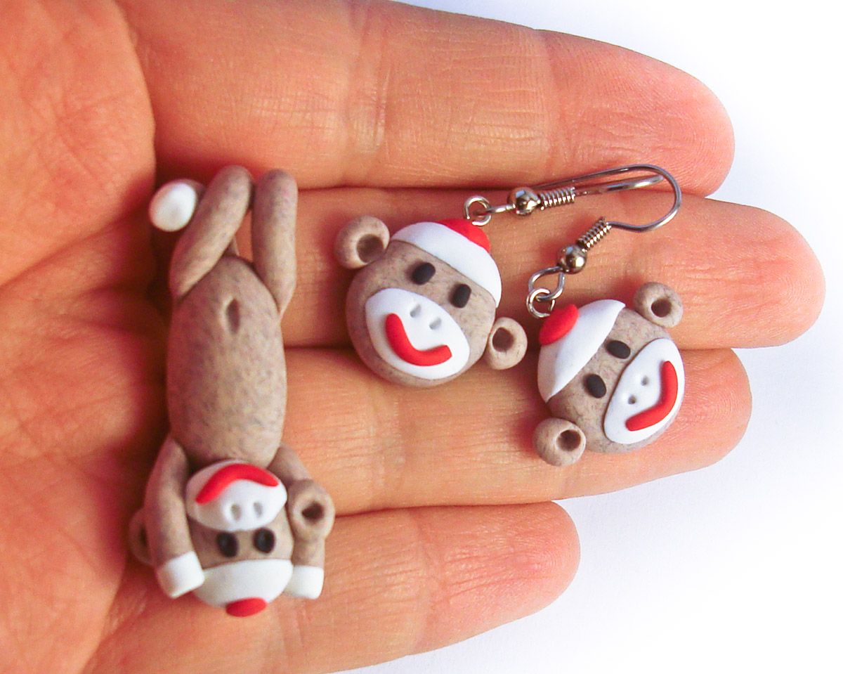 Brown Sock Monkey Pendant And Earring Set In Polymer Clay on Luulla